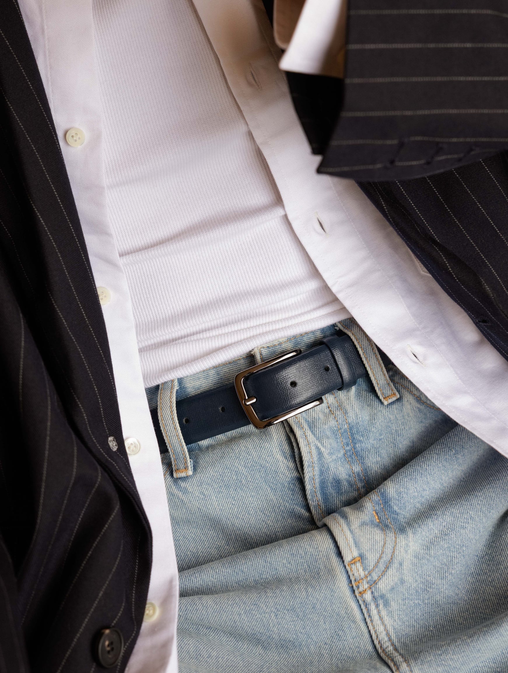 Men's navy blue saffiano leather belt | Wagram Calypso Blue | Bobbies