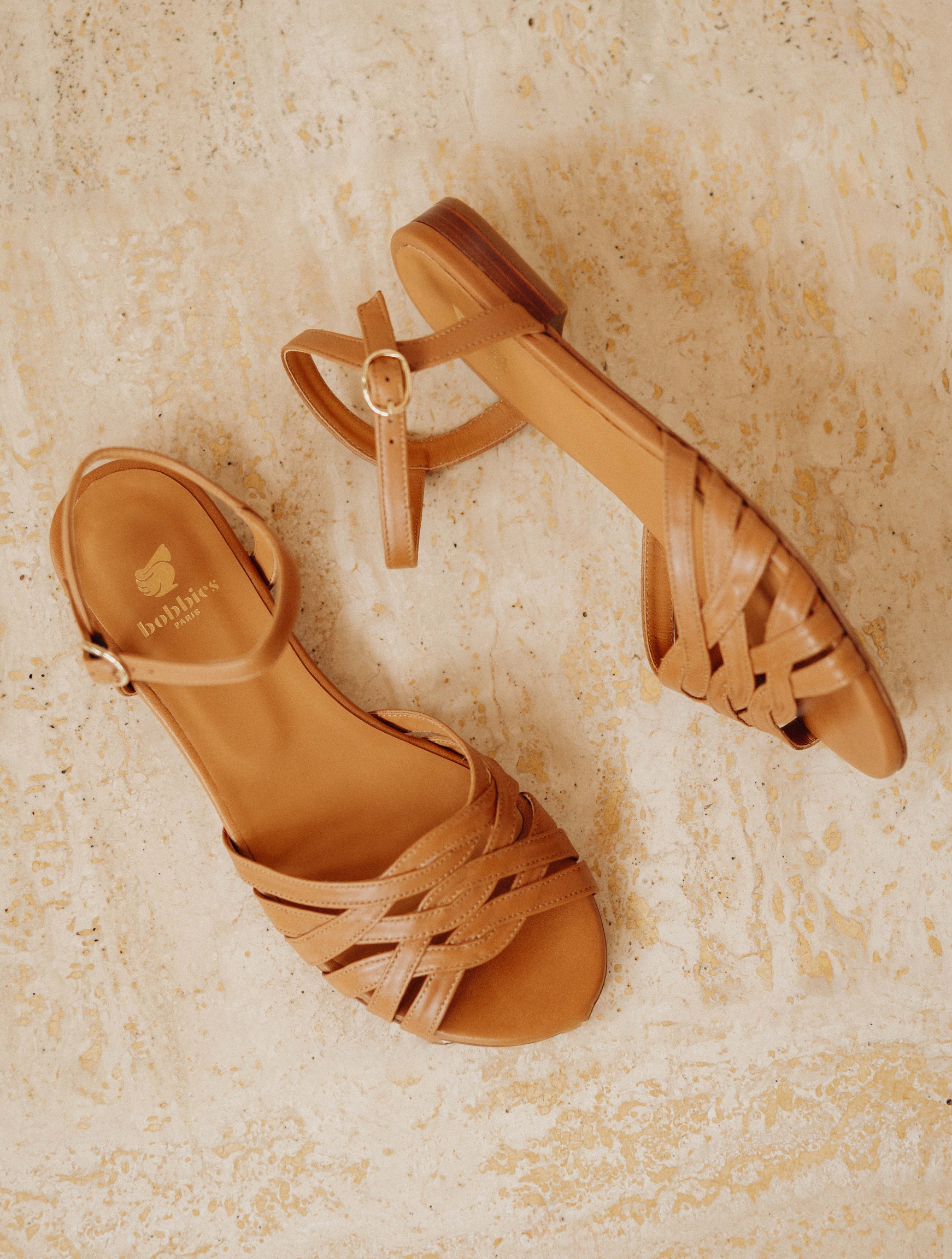 Ellis Summer Camel - Flat sandals in camel leather with intertwined ...