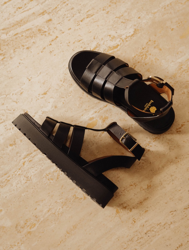 Sam Noir Passion - Sandales plates à boucles en cuir noir à semelle ...