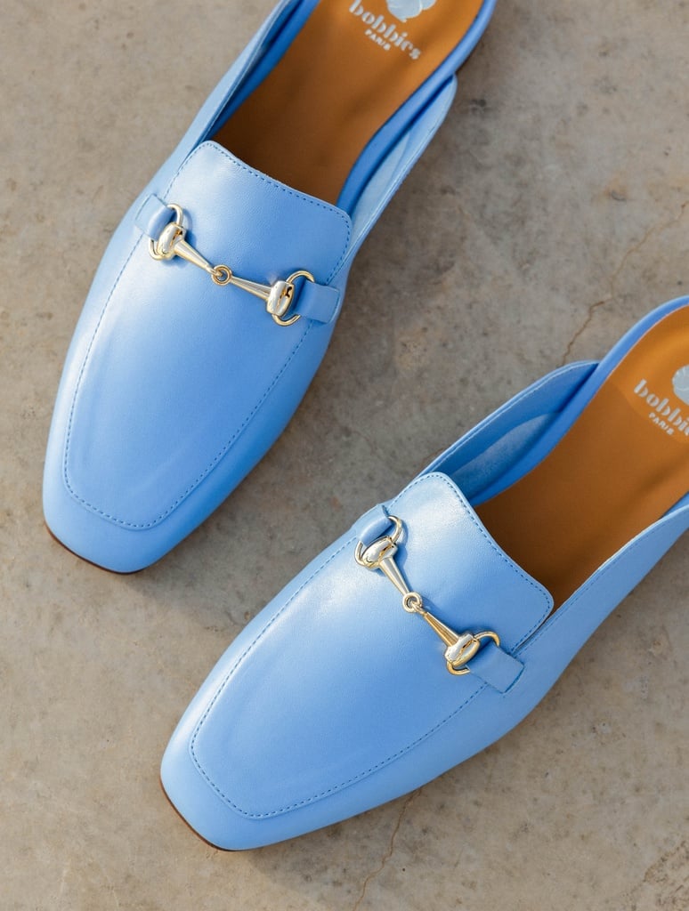 Emy Bleu Cyclades - Mocassins mules à mors doré en cuir d'agneau bleu
