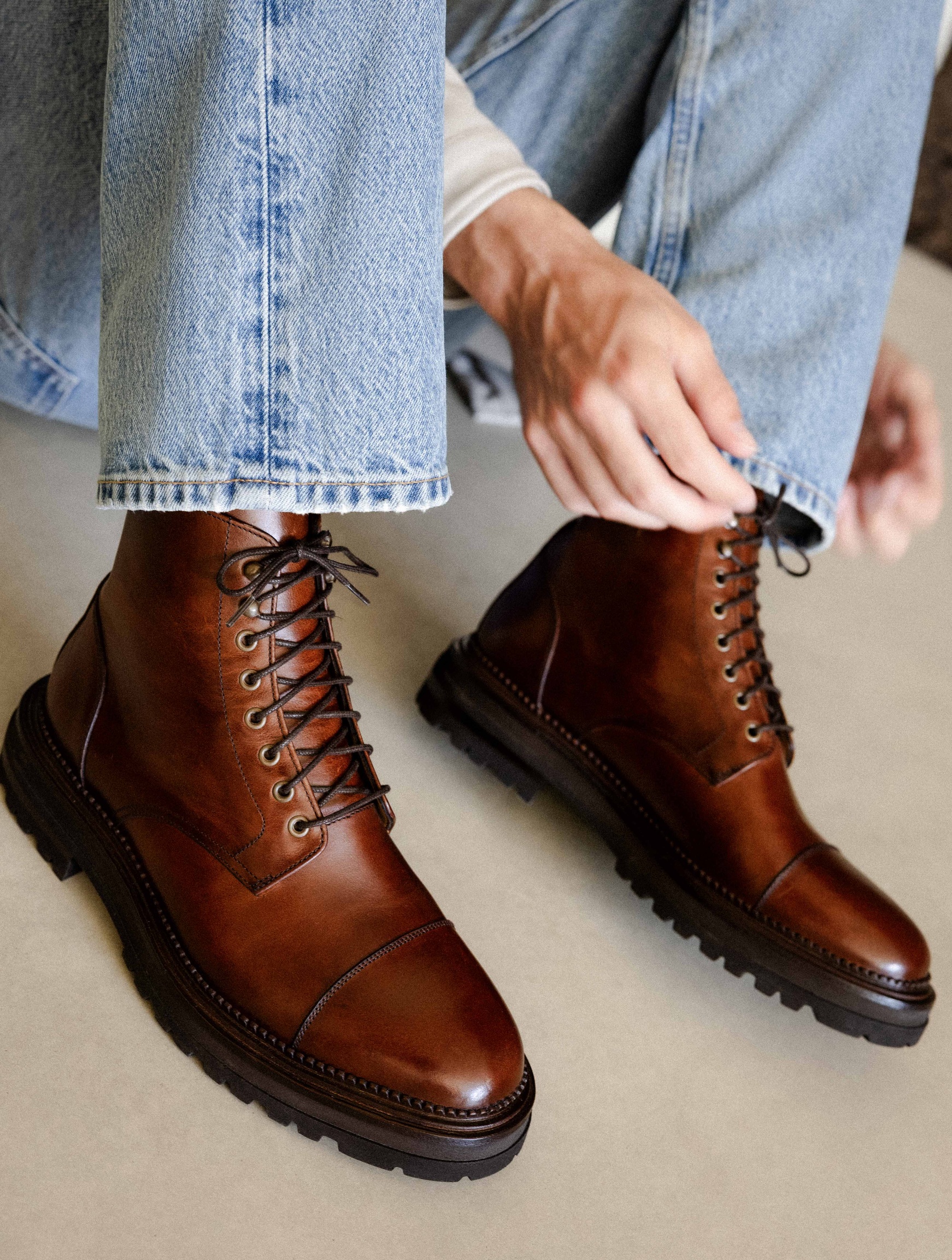 Alan Armagnac - Lace-up boots in cognac pull-up leather with notched ...