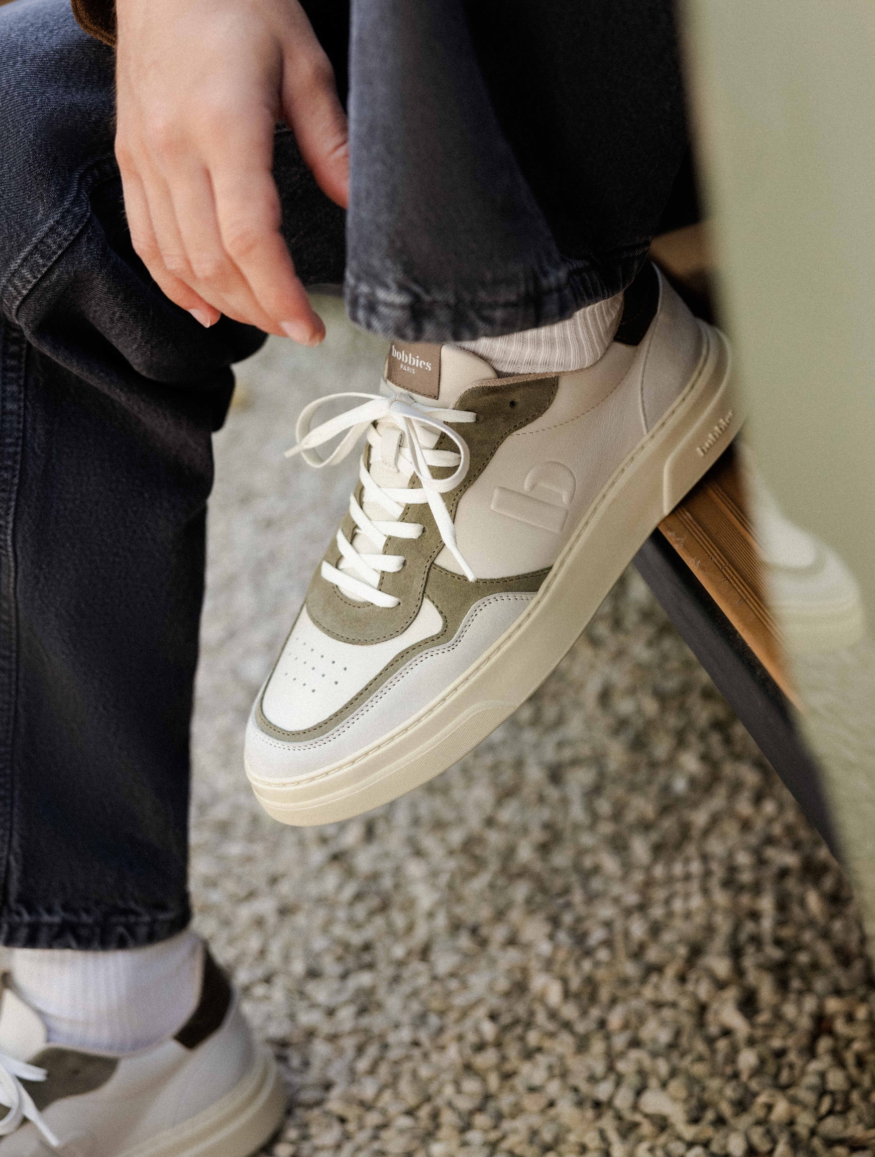 Fletcher Off White & Ash Green - Skater-style sneakers in ecru leather ...
